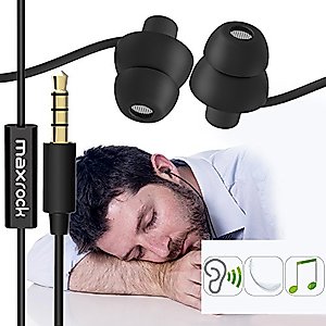MAXROCK (TM Unique Total Soft Silicon Sleeping Headphones Earplugs Earbuds with Mic for Cellphones,Tablets and 3.5 mm Jack Plug (Black)