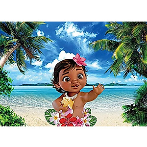 Baby Moana Backdrop Green Coco Tree Leaves Blue Ocean Photo Background Moana Themed Photography Backdrop7x5FT (7x5FT)