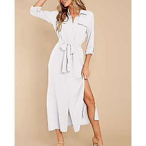 Fekermia Women's Button Down Maxi Shirts Dress- Casual Roll Up Long Sleeve Shirt Dress Slits Dresses White XX-Large
