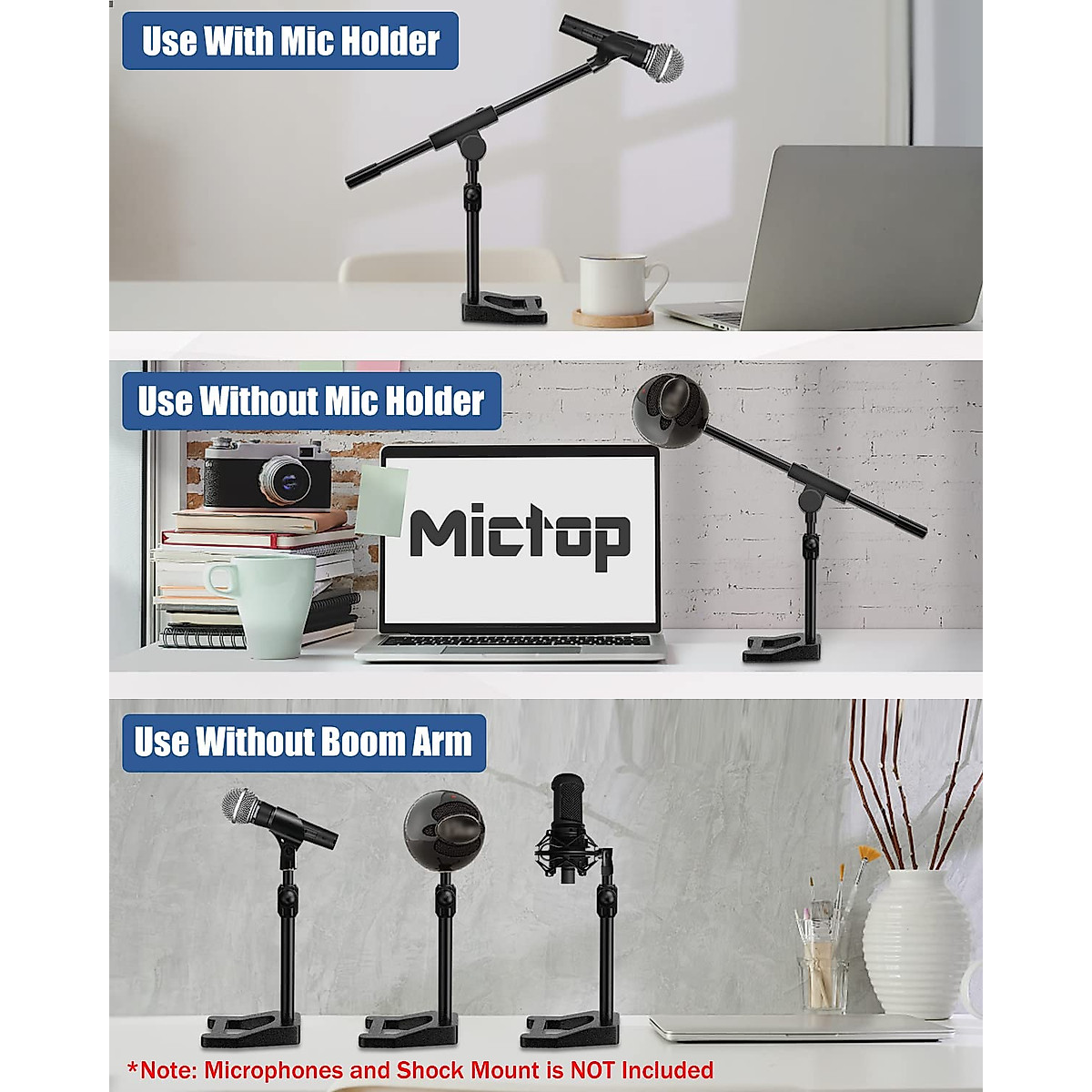 Mictop Desktop Microphone Stand, Adjustable Mic Stand with Boom Arm, Mic Clip Holder and 3/8" to 5/8" Screw Adapter for Dynamic Microphone and Blue Snowball, Blue Yeti, Kick Drums, Guitar Amps