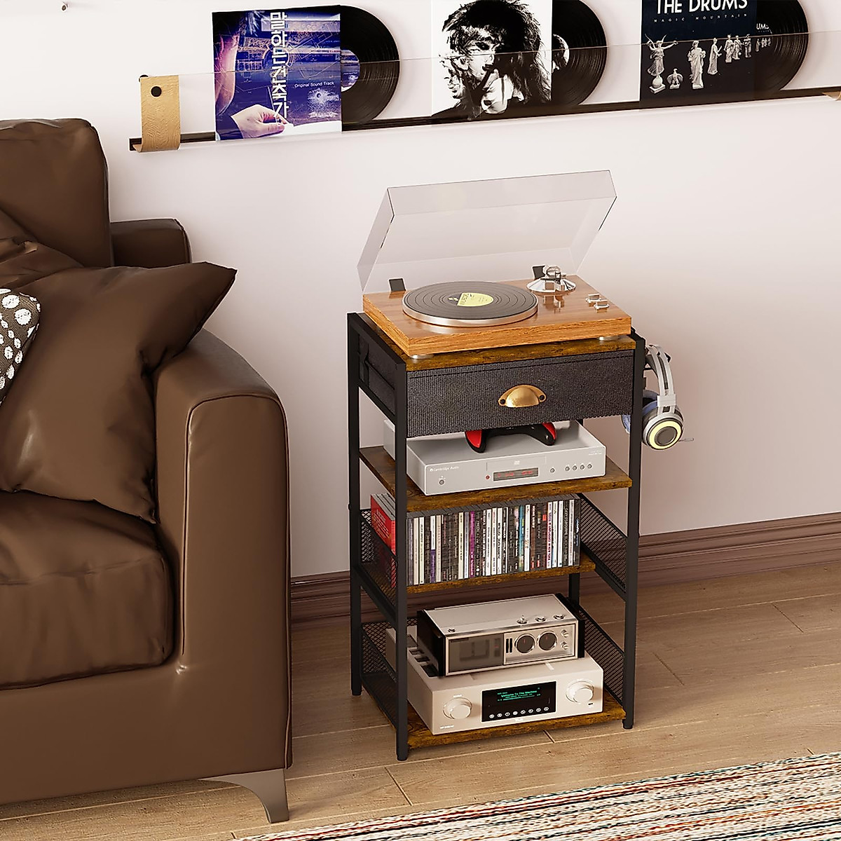 Hongtamoya 4-Tier AV Media Stand with Drawer, Video Game Console Shelf with 2 Hooks, Audio Rack Tower Perfect for/Xbox/ PS5/Switch/Game Consoles/DVD/Record Player/Projector/Sky Box/TV Accessories