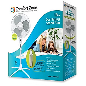 Comfort Zone CZST185WT 18" 3-Speed Oscillating Pedestal Fan with Adjustable Height and Tilt, 90-Degree Oscillation and Quad-Pod Folding Base, White
