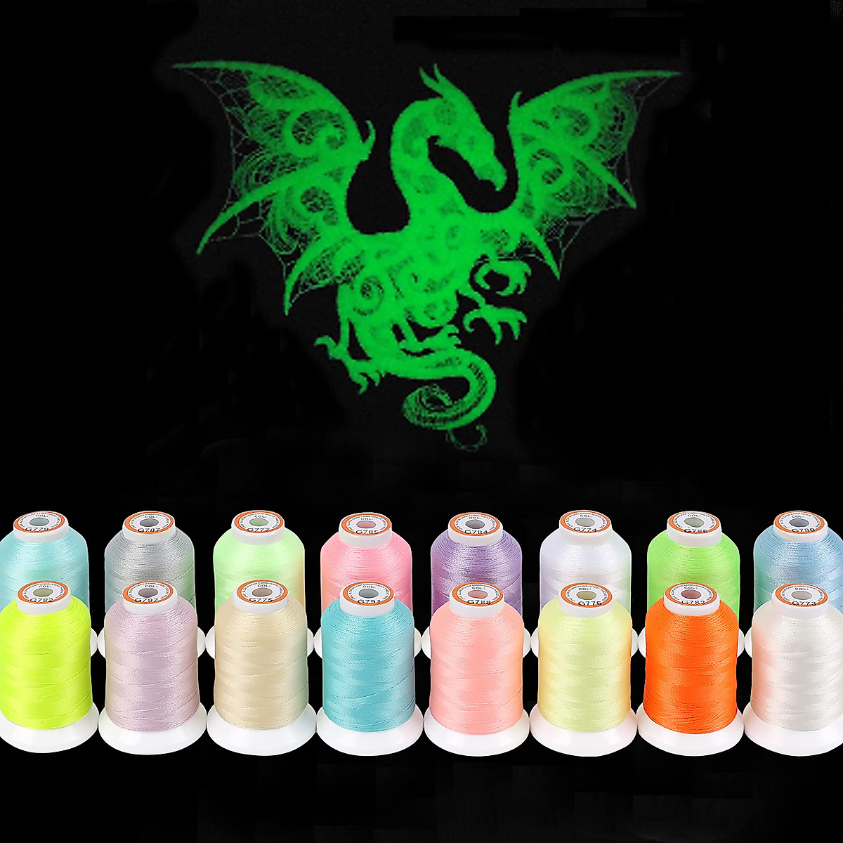 New brothread 16 Colors Luminary Glow in The Dark Embroidery Machine Thread Kit 30WT 500M(550Y) Each Spool for Embroidery, Quilting, Sewing