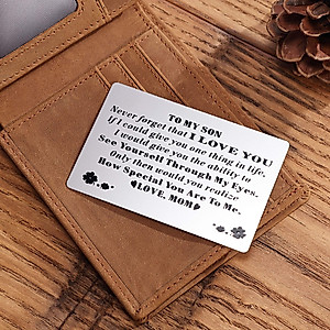 FeiYen Personalized Engraved Message Wallet Card Inserts Customized for Son from Mom Mother - I Love You - Graduation Birthday Christmas Deployment - Best Custom Metal Cards for Him