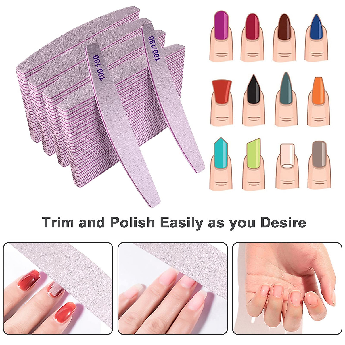 Nail Files (100 Pcs), 100/180 Grit Nail File Emery Board Bulk for Acrylic Nails and Natural Nails, Limas para Unas Acrilicas Profesional Pack Filers for Gel Nail Double Sided Manicure Curved Gray