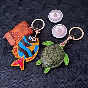 2 Pack Leather Airtag Keychain Case Holder, Cute Kawaii Accessories Suitable for Airtag (Fish-Turtle)