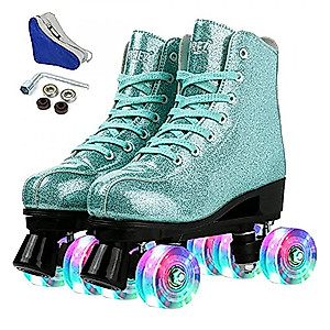 Comeon Roller Skates for Women PU Leather Roller Skates High-Top Leather for Beginners Teens for Woman,Girls and Boys,Adult (Green crystal,flash wheel,250/uk5.5/eur38)