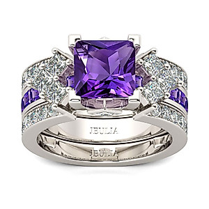 Jeulia 4.1 Carat Bridal Ring Sets for Women Princess Cut Engagement Rings Sterling Silver Wedding Band Interchangeable Rings Promise Anniversary with Jewelry Box (Purple, 7)