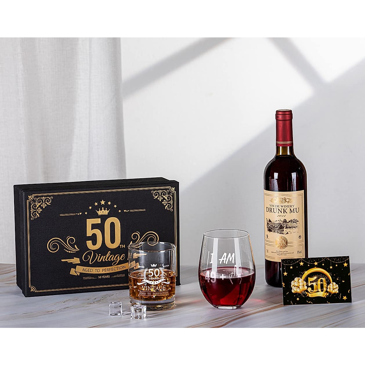 PUGED 50th Birthday Gift Set for Men or Women with Gift Package Vintage 12 oz Whiskey Glass and 49 + One Middle Finger 18 oz Stemless Wine Glass
