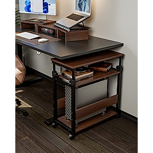Computer Tower Stand with Wheels, Height Adjustable PC Tower Stand Under Desk, 3 Shelves Rolling Printer Cart for Home Office, Walnut