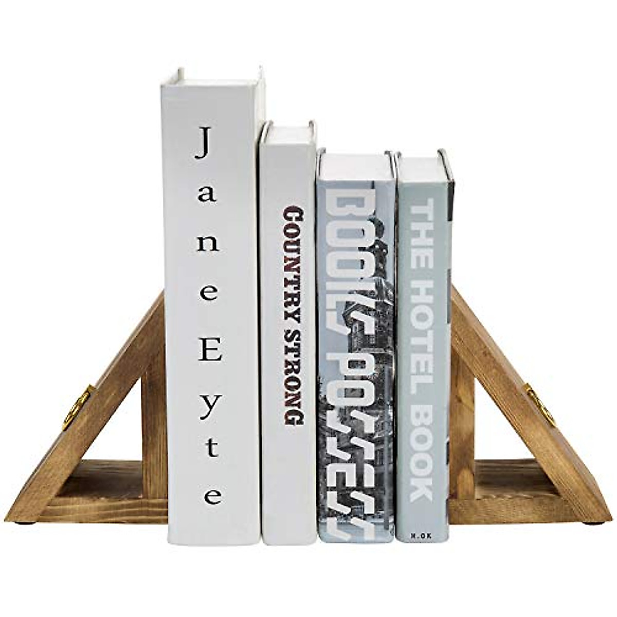 MyGift Rustic Burnt Wood Office Decor Bookends with Triangular Design, Decorative Wooden Bookend Book Stand with Brass Tone Ring Accent, 1 Pair