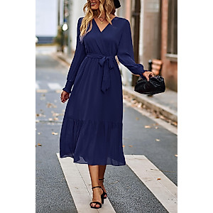 PRETTYGARDEN Women's Floral Print Boho Dress Long Sleeve Wrap V Neck Ruffle Belted A-Line Flowy Maxi Dresses (Solid Navy,X-Large)