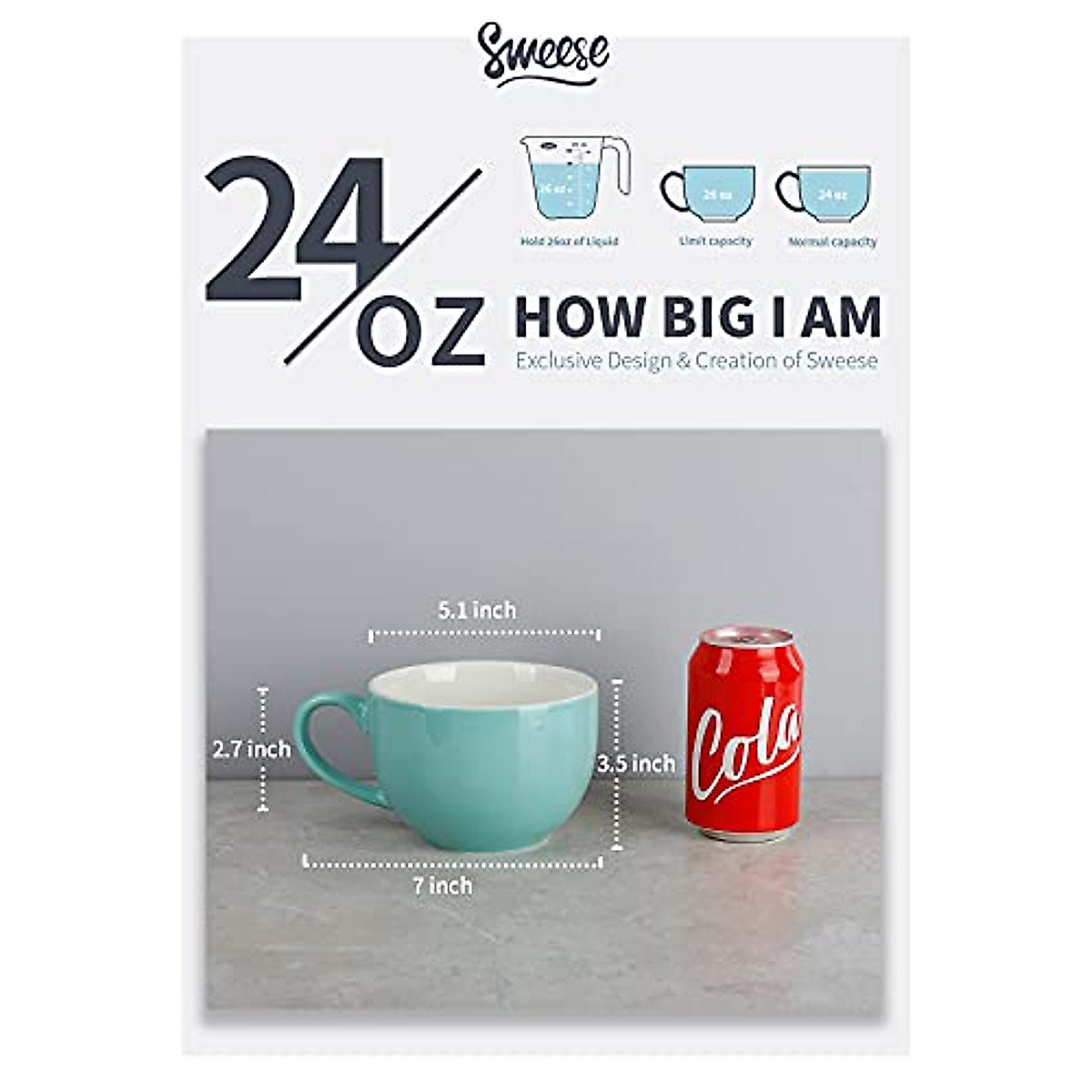 Sweese 622.402 Jumbo Mug Set- 24 Ounce Porcelain Mugs for Soup, Coffee, Tea, Ice Cream, Cereal, Set of 4, Turquoise