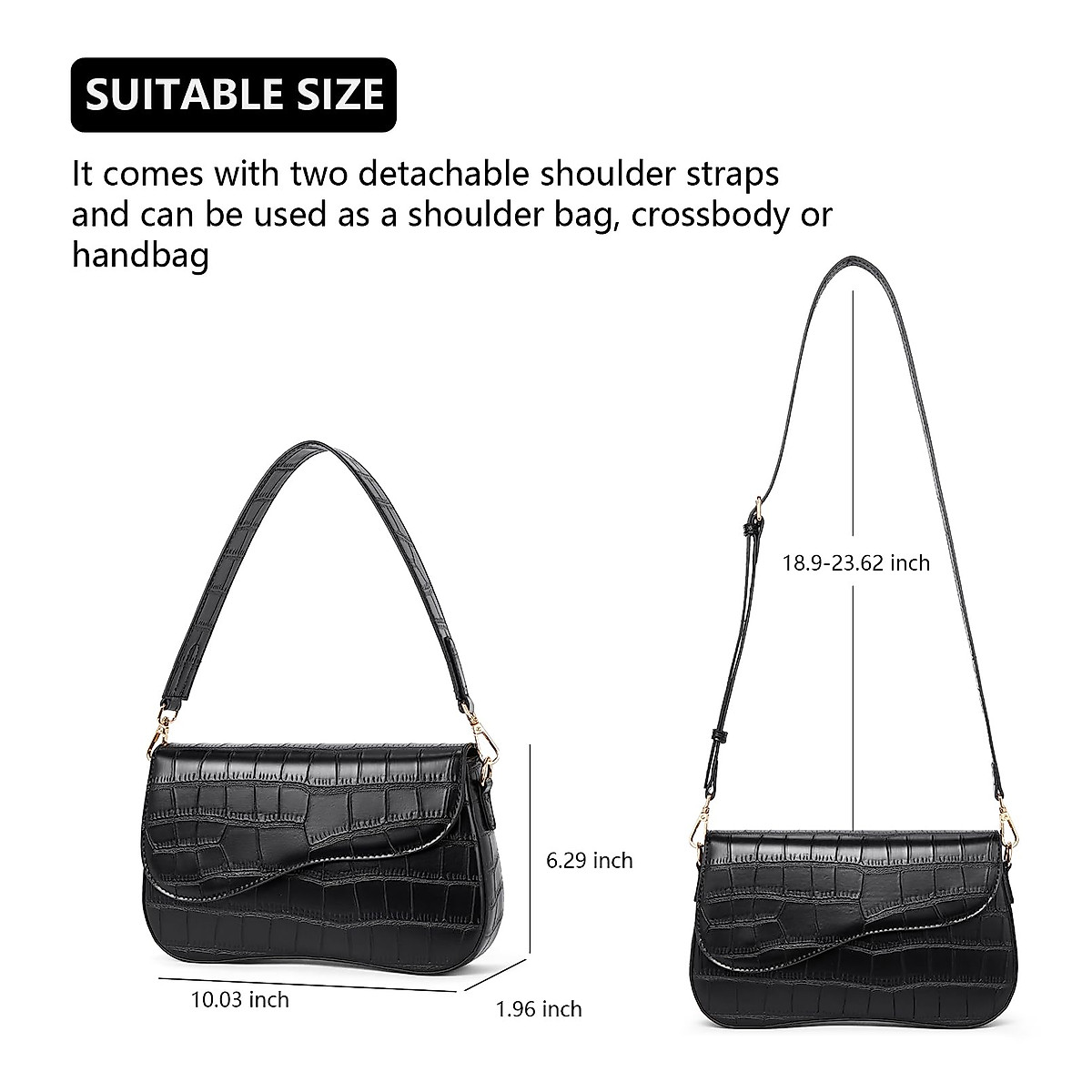 Telena Shoulder Bag for Women Shoulder Purse Vegan Leather Handbags Crossbody Purses with 2 Removable Strap Black