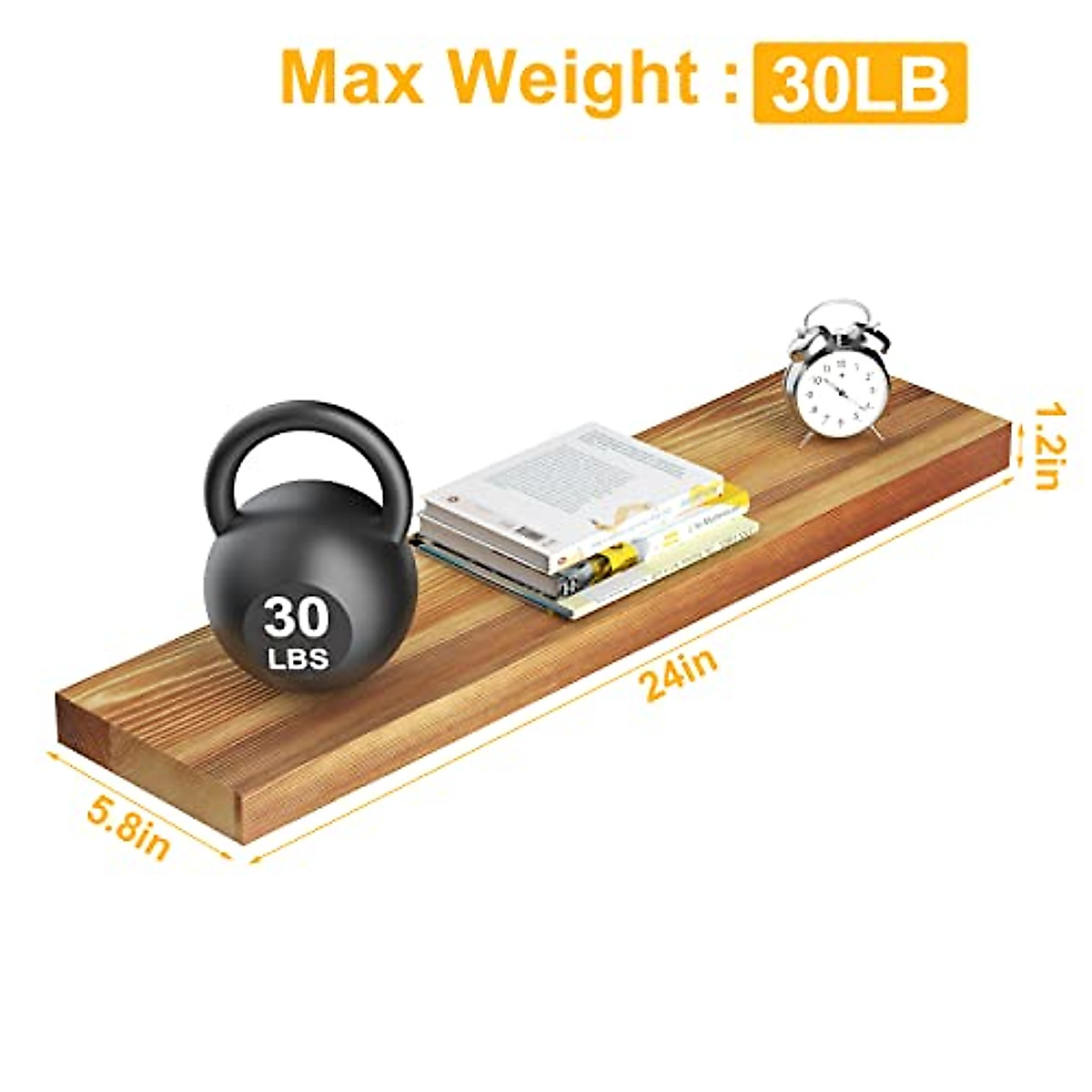 Buwico Floating Shelf, Pine Solid Wood Wall Shelves, Wall Mounted Wooden Shelves for Bathroom Bedroom Living Room Kitchen, Farmhouse Decor Shelves with Invisiable Metal Brackets Set of 2(24in)