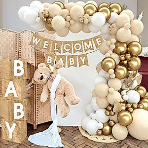Boho Baby Shower Decorations-97Pcs Burlap Grain Baby Boxes,Nude and Gold Balloons Arch Kit and "WELCOME BABY" Banner for Neutral Baby Shower Decorations,Birthday Party Supplies,Gender Reveal