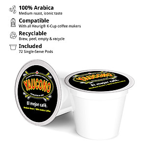 Yaucono Ground Medium Roast Arabica Coffee Single-Serve Pods, 72 Count, Compatible with Keurig K Cup Brewers