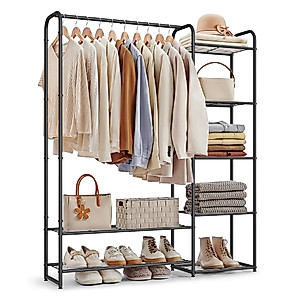 SONGMICS Wardrobe Closet, 44.1 Inch Large Portable Closet, Clothes Rack for Hanging Clothes,Heavy Duty Garment Rack, Storage Organizer with Shelves, 44.1 x 11.4 x 62.4 Inches, Black ULGR462B01
