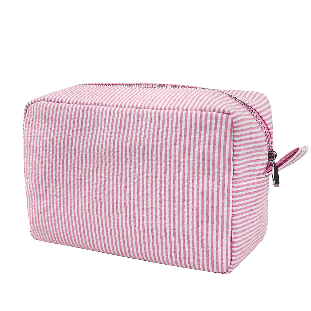 GFU Cosmetic Bag for Women, Large Makeup Bag, Travel Toiletry Stripe Cosmetic Bag, Seersucker Women Aesthetic Organizer Storage Pouch, Girls Handbags Purses (Pink)