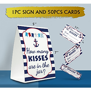 Nautical Baby Shower Game Kit(1 Standing Sign + 50 Guessing Cards) Guess How Many Kisses Baby Shower Game, Baby Shower Game for Boy - H02