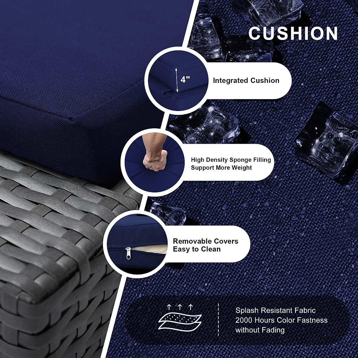 NICESOUL® Patio Wicker Lounge Chairs Set of 2 Conversation Chaise Rattan Outdoor Furniture Heavy Duty Deep Seating Recliner Set Handwoven PE Wicker Conversation Sets （Navy Blue