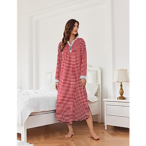 Ekouaer Women Striped Nightgown Long Loungewear Nightshirt Sleepwear with Pockets Red Stripe, X-Large