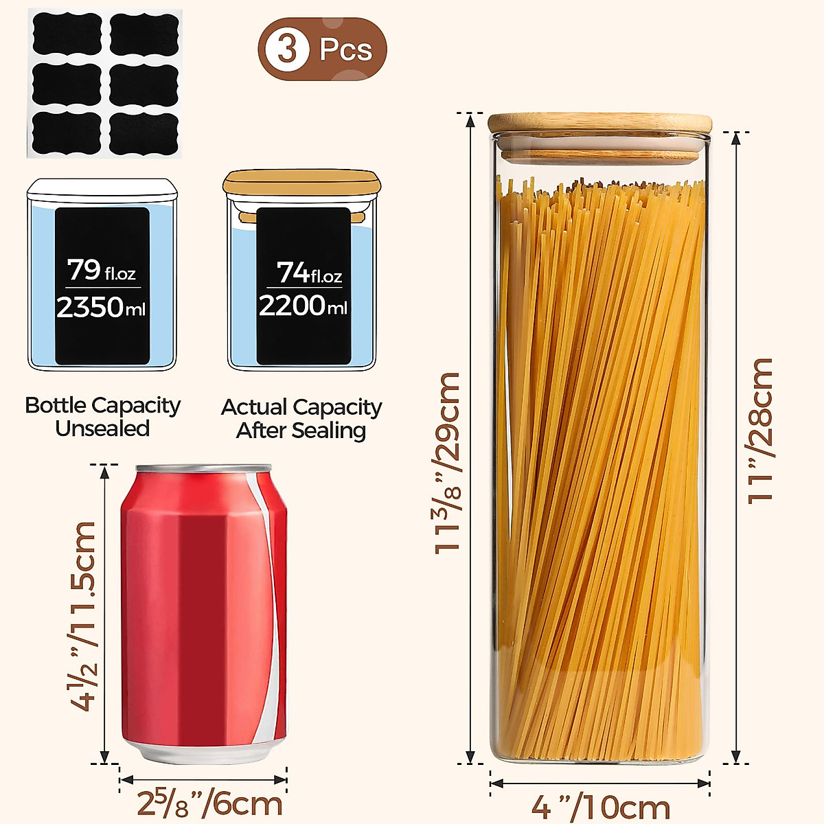 ComSaf Glass Spaghetti Pasta Storage Containers with Lids 74oz Set of 3, Tall Clear Airtight Food Storage Jar with Bamboo Lid for Noodles Flour Cereal Sugar Beans, Sqaure Spaghetti Pantry Container