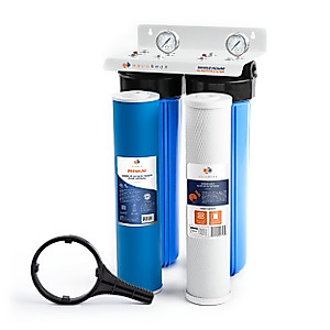 2-Stage Whole House Water Filter System 20"x4.5" w/Wrench, Steal Bracket & Pressure Gauge & Release Button (1" Port) - 5 Micron GAC Water Filter & Carbon Block Filter - Compatible with iSpring FC25BX4