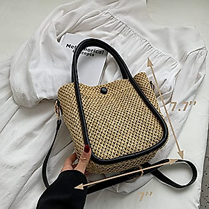 QTKJ Summer Beach bag, Handwoven Straw bag, Beach Tote Leather Shoulder Strap with Removable Storage Bag, Woven Bag for Women Handbag Shoulder Bag (Black)