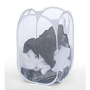 Topline Pop-Up Square Laundry Hamper, Durable Ventilated Mesh with Carry Handles (White)