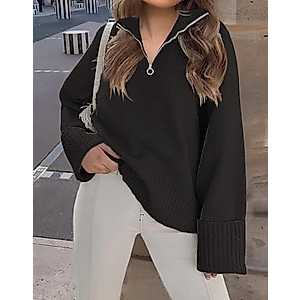 ZESICA Women's 2023 Winter Long Sleeve 1/4 Zipper V Neck Loose Fuzzy Knitted Chunky Warm Pullover Sweater Jumper Tops,Black,Large