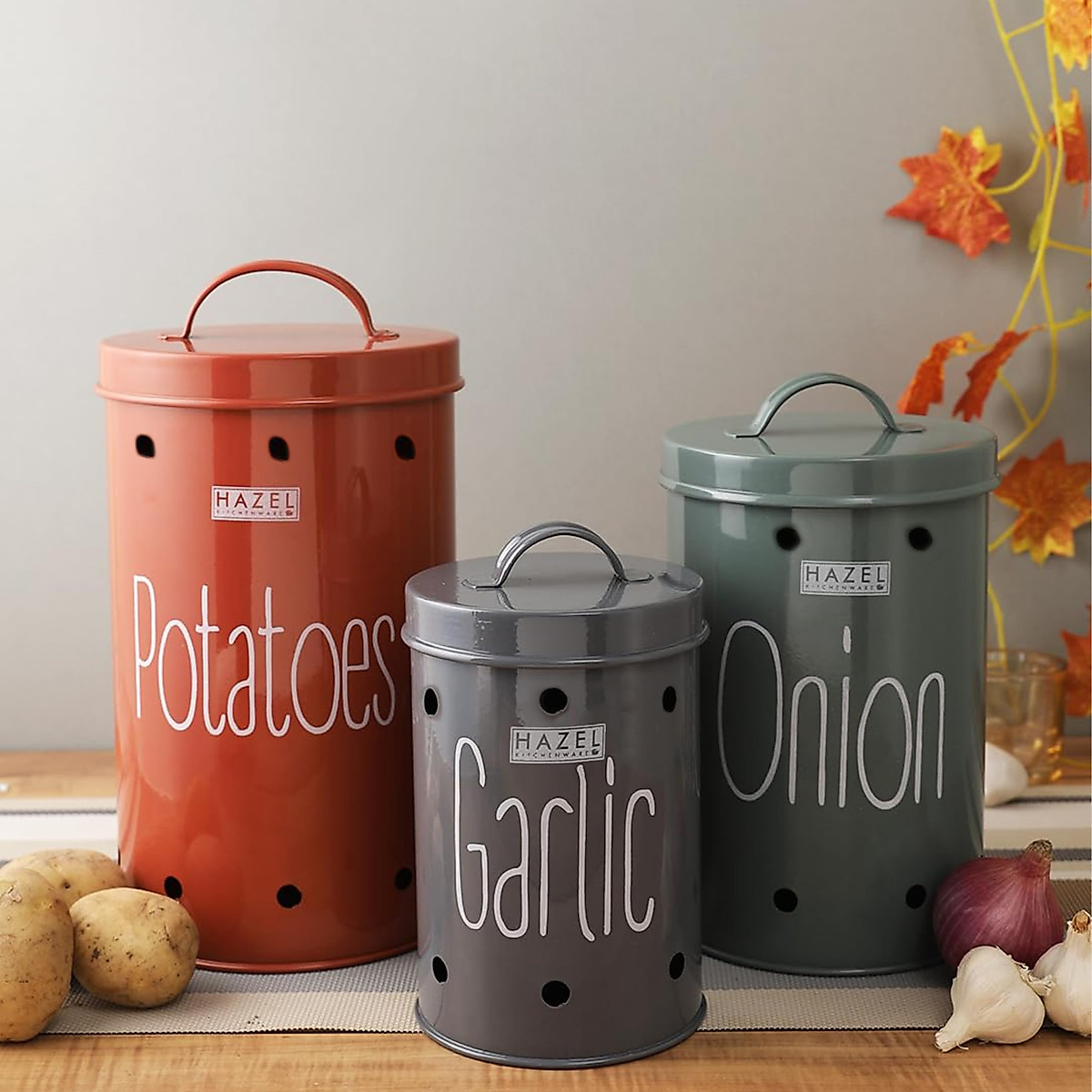 Hazel Onion, Potato and Garlic Storage Kitchen Container Set of 3 with Lid | Food Grade Storage Container | Versatile Kitchen Storage Solution