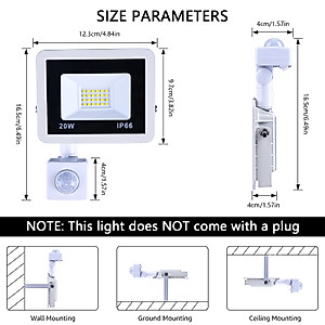 MIWAT 20W Plug in LED Motion Sensor Flood Light, PIR Induction Lamp, Dusk to Dawn Outdoor Auto ON/Off, 6500K Security Spot Daylight, IP66 Rainproof Work Light for Garage Yard Patio Porch Doorway Wall