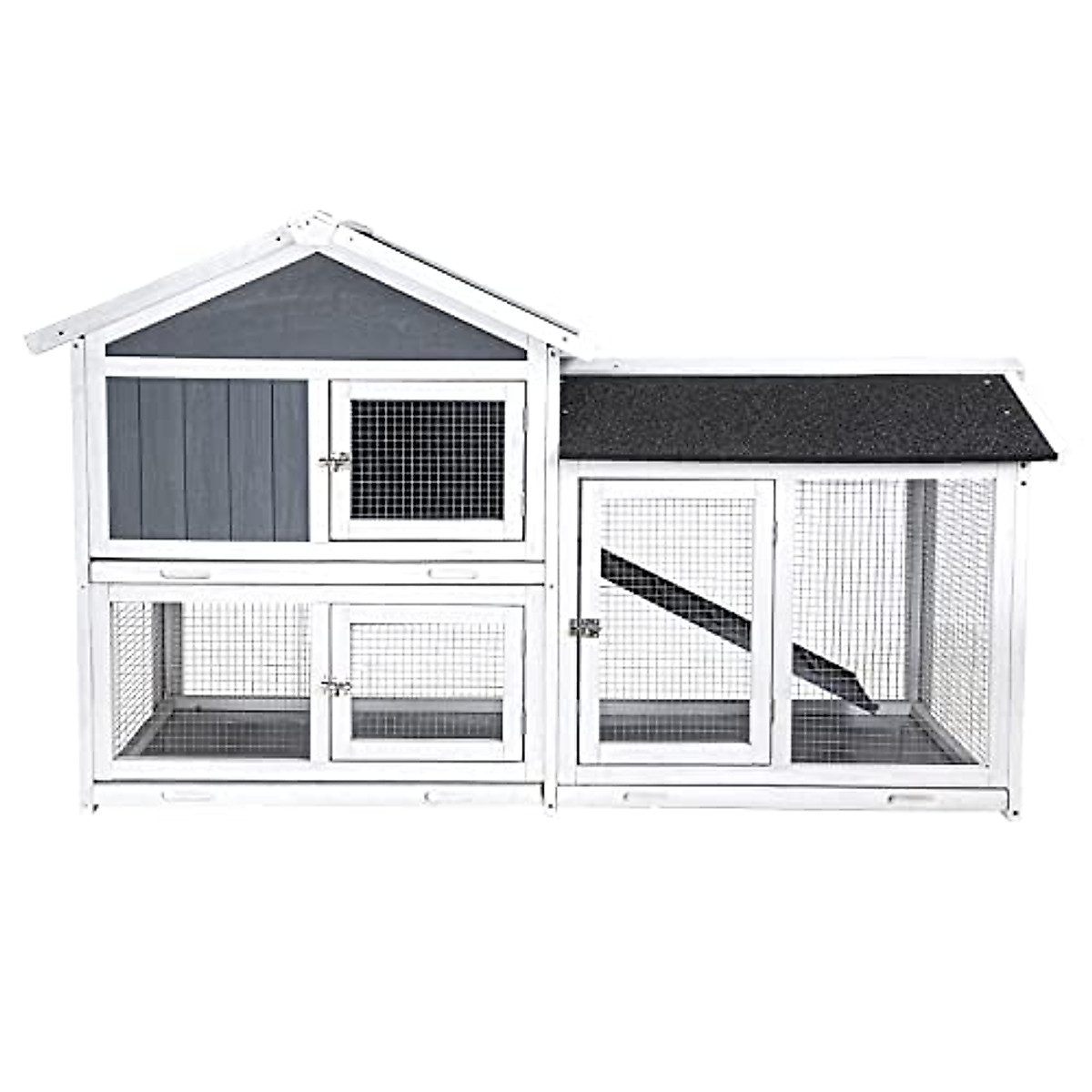 Lifeand Rabbit Hutch Chicken Coops Bunny Cage with Pull Out Tray, Ramp, Lockable Doors,Two Run Cage Outdoor Wooden Small Animal House,Gray