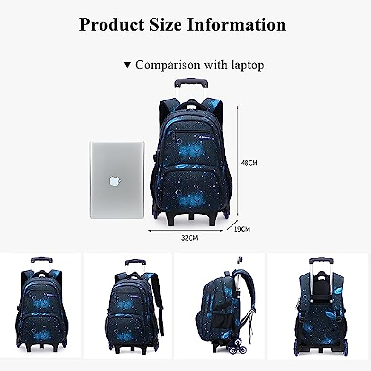 Mildame Galaxy Print Rolling Backpack for School Boys Girls with Lunch Bag Teens Bookbag with Wheels Kids Trolley Bag Set, Six Wheels