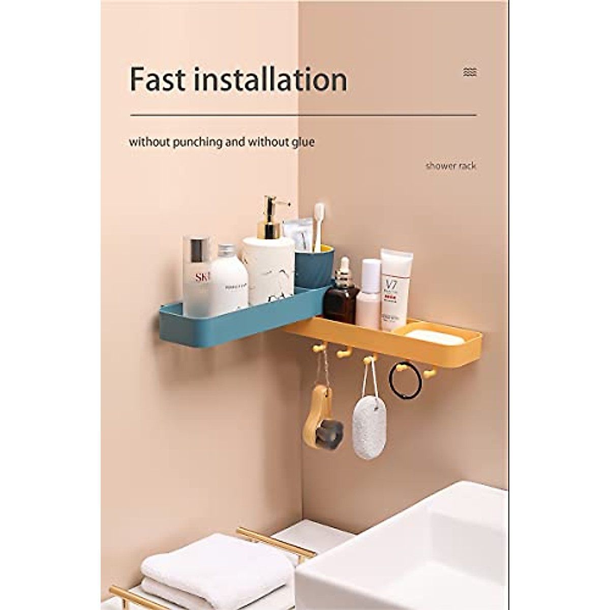 Bathroom Free Perforated Shower Caddy Corner,180°Rotatable Shower Shelf with 5-Hooks,Shower Caddy Dorm with Adhesive,Shower Organizer,Shower Caddy Basket Wall Mounted for Bathroom,Kitchen,Toilet,Green