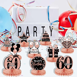 10 PCS Rose Gold 60th Birthday Decoration，60th Birthday Centerpieces for Tables， Happy 60th Honeycomb Table Topper for Women，60th Birthday Table Sign Decor