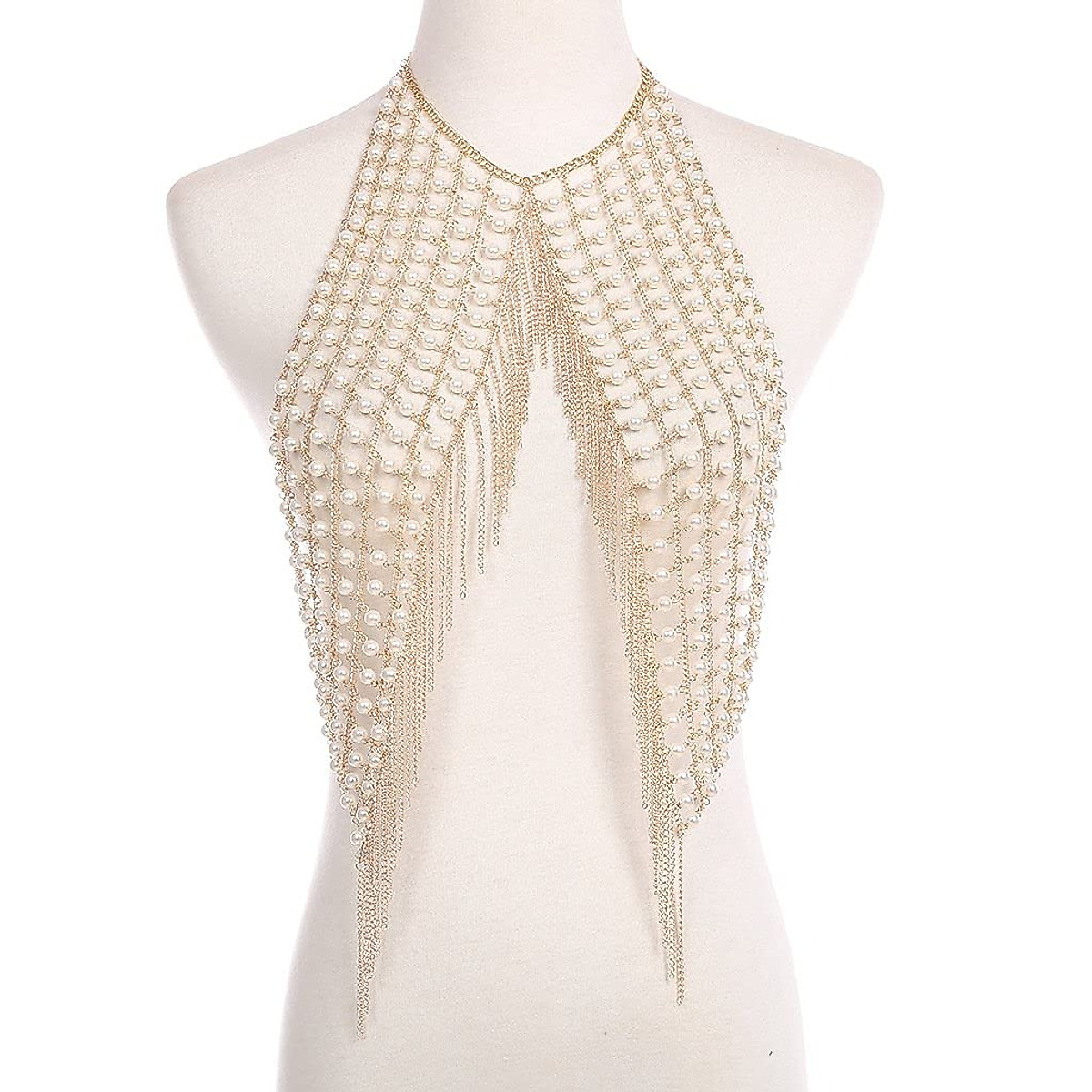 Bmirth Boho Gold Body Chain Pearl Tassel Waist Chain Sexy Bikini Bar Chain Rave Nightclub Party Body Accessory (B)