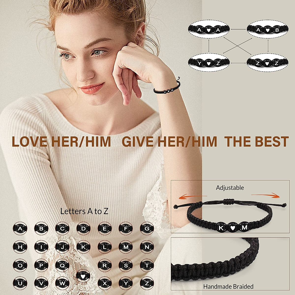 Initial Bracelet Braided Bracelets for Women Teen Gifts Letter Charm C&J Handmade Cuff Best Friend Birthday Gifts for Girlfriend Boyfriend Husband Christmas Jewelry