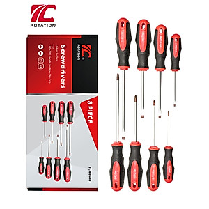 ROTATION 8-Piece Magnetic Screwdrivers Set with red tip, 4 Phillips and 4 Slotted Tips, Professional Cushion Grip Screwdriver Set with High Torque