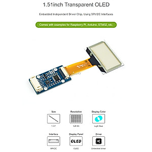 1.51inch 128×64 Transparent OLED Light Blue Color Display Module SPI/I2C Interfaces for Raspberry Pi 4 3 / STM32 etc @XYGStudy