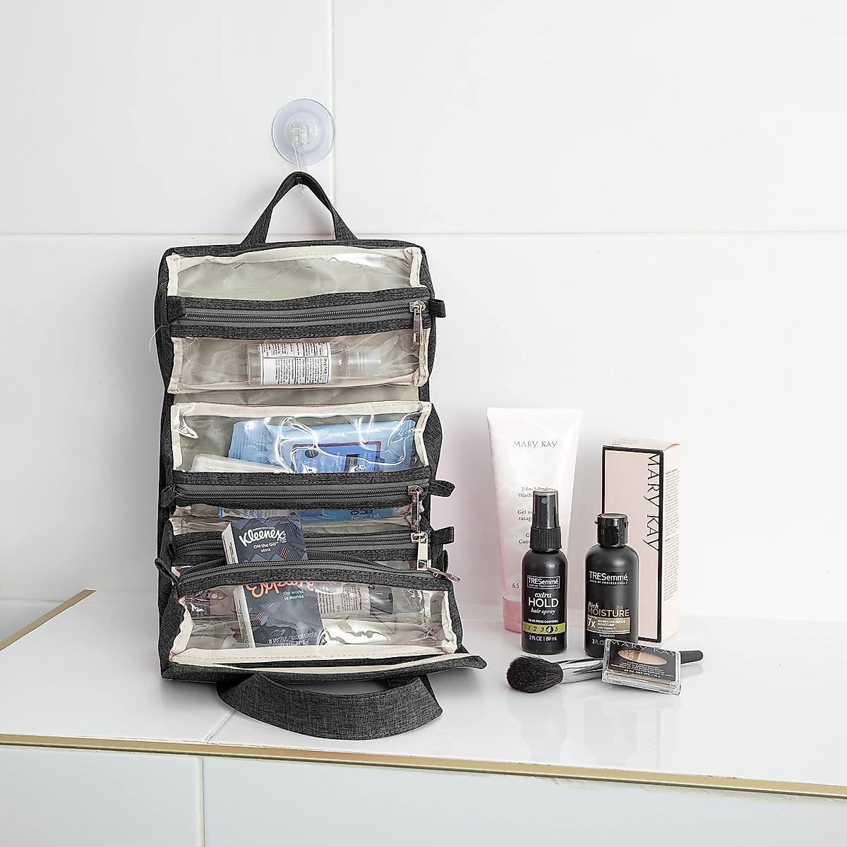 4-in-1 hanging Toiletry bag | Roll-up makeup organizer with 4 detachable PVC zip pouches| travel toiletry bag for women and men 600D oxford fabric material organize Make up , Cosmetics, First Aid,