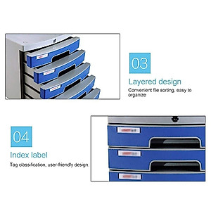 Flat File Cabinet,Desktop Lock Plastic Drawer Storage Organization, with Blank Label and 5 Drawers-Blue