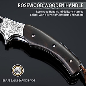 LOTHAR Damascus Pocket Knife for Men, 8.03" VG10 Folding Knife with Retro Leather Sheath,Sandalwood Handle, Classical Bolster, Lanyard Hole, EDC Knife Anniversaries, Christmas, elegant gifts for Men (Black)