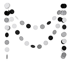 Black White Silver Glitter Paper Garland Circle Dot Streamer Banner for Graduation Bridal Shower Wedding Birthday Party Decorations, 2.5" in Diameter, 20 Feet in Total