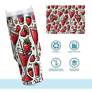 Jihqo Stropical Strawberry Cocktails 40 oz Stainless Steel Vacuum Insulated Tumbler with Handle and Straw Lid, Leakproof Water Bottle Double Wall Travel Mug Coffee Cup, Cupholder Friendly
