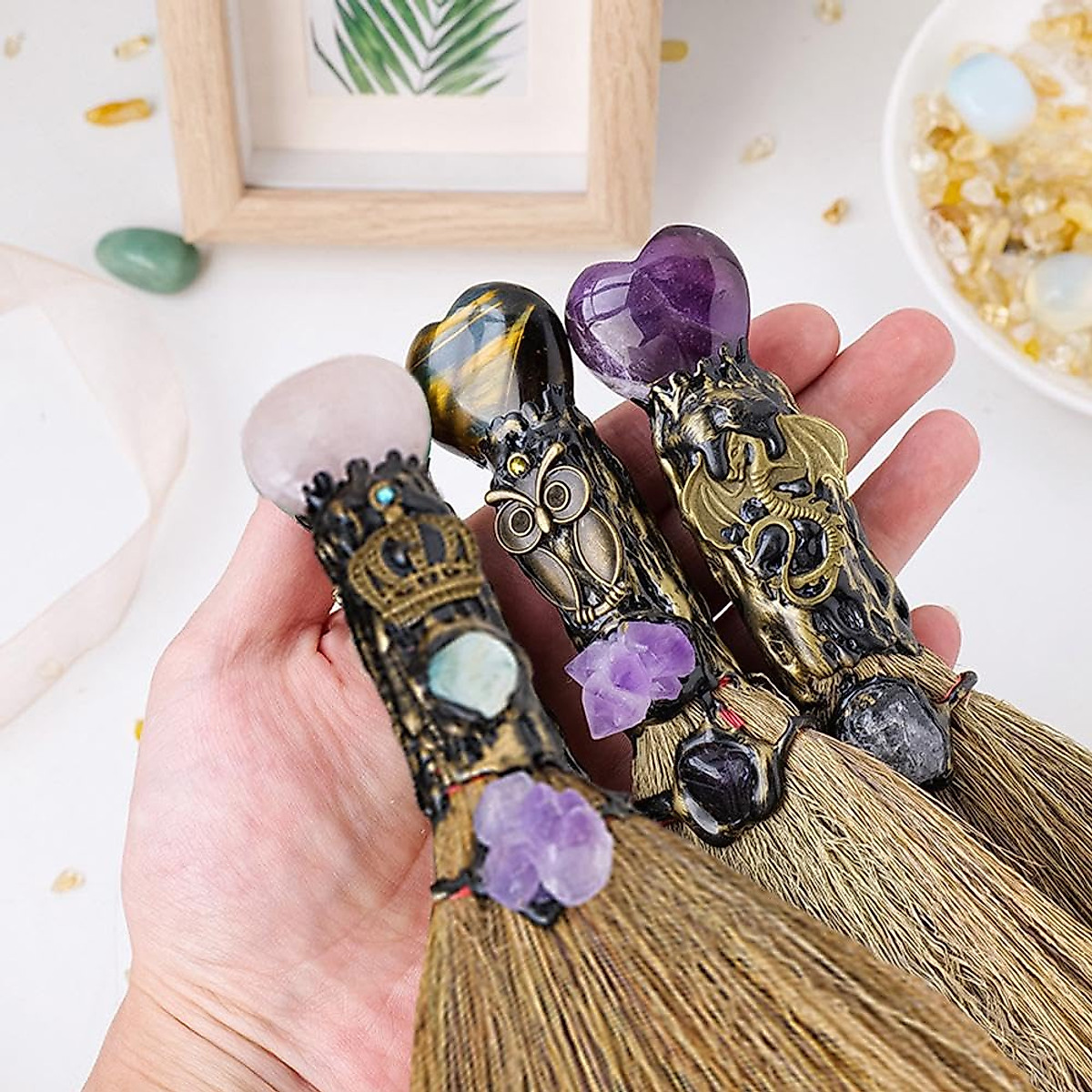 Natural Crystal Magic Broom,Mini Witch Broom,Crystal Witch Wiccan Altar Broom,Magic Ceremony Decor,Handmade Reiki Broomstick for Cleansing Healing Fengshui