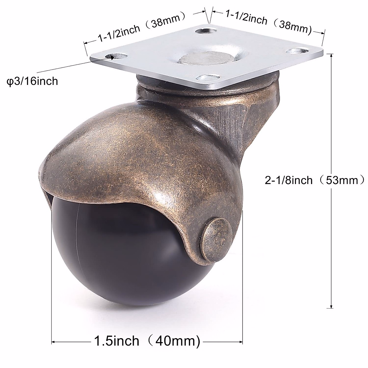 1.5 Inch Ball Caster Wheels, Small Wheels for Furniture, Furniture Casters Set of 4, Antique Brass Top Plate Castors for Furniture, Coffee Table, Ottoman (Screws Included)