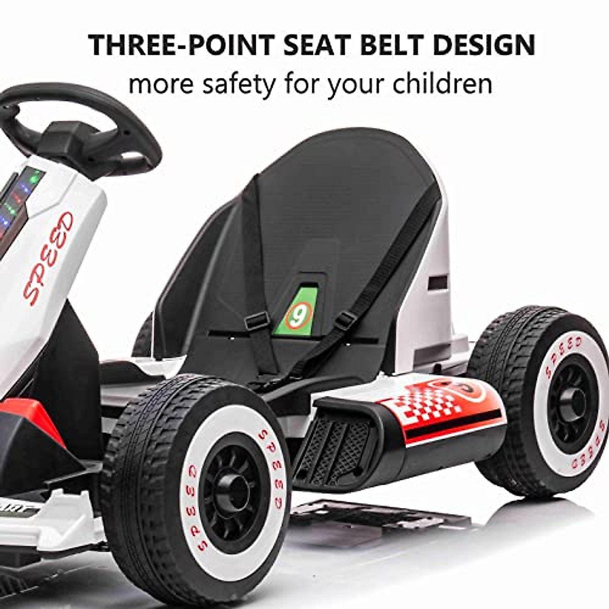 PRIME CLUB 12V Ride on Car Electric Go Kart Adjustable Length Racer Drift Car with Remote Control,Music,Brake and Horn,Electric Car for 37-95 Months Toddler (White)