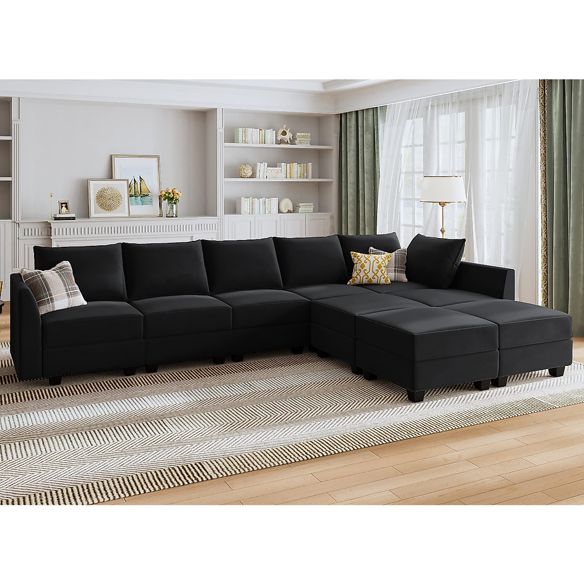 HONBAY Modular Sectional Sofa Set Oversized U Shaped Couch with Storage Ottoman Convertible Sleeper Sectional Sofa Velvet Modular Couch with Wide Chaise, Black